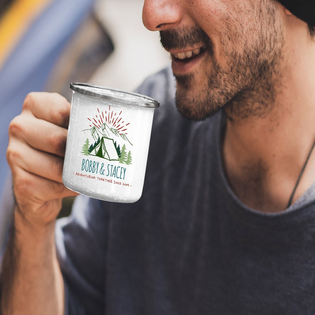 Customizable Retro Adventuring Together 12oz Tin Camping Mug